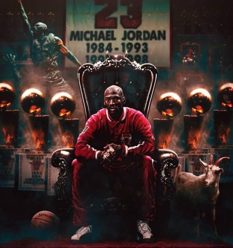 PHOTO Michael Jordan On His Throne Surrounded By Championship Trophies ...