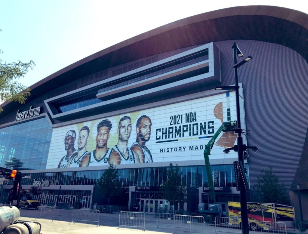 PHOTO 2021 NBA Champions Sign Put Up On Fiserv Forum