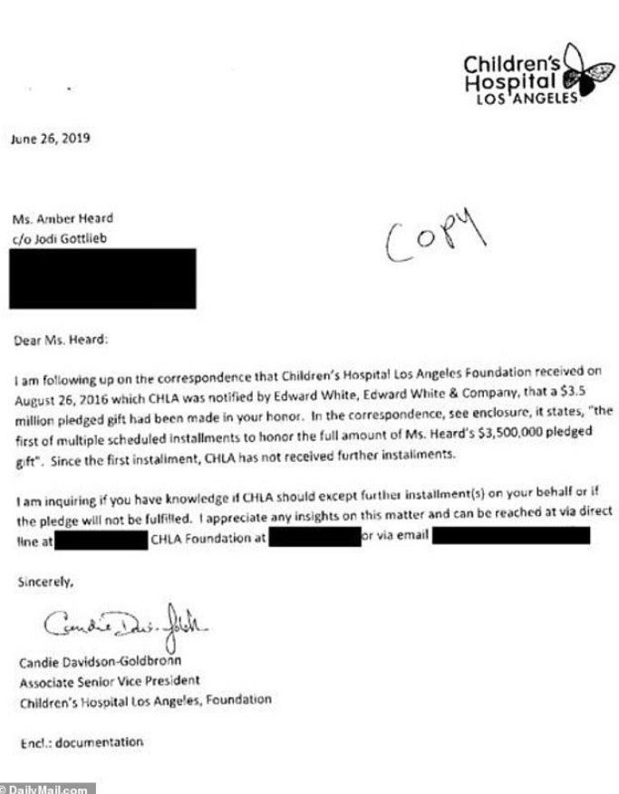 PHOTO Letter From Children's Hospital Los Angeles That Amber Heard Did ...