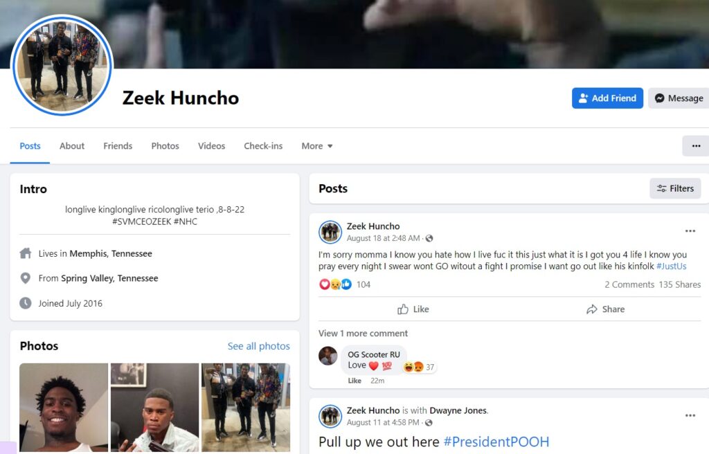 PHOTO Facebook Page Of Memphis Shooting Suspect Says His Name Is Zeek ...