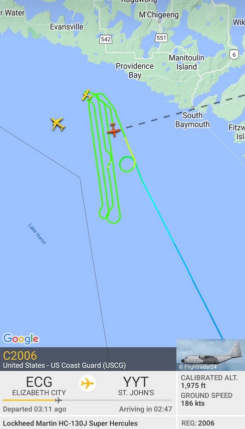 PHOTO US Coast Guard Hercules Flying Grid Search Pattern Off Manitoulin ...