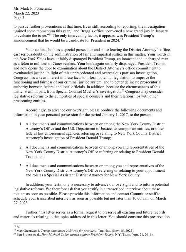 PHOTO Of Jim Jordan's Letter Demanding Testimony Relating To Manhattan ...