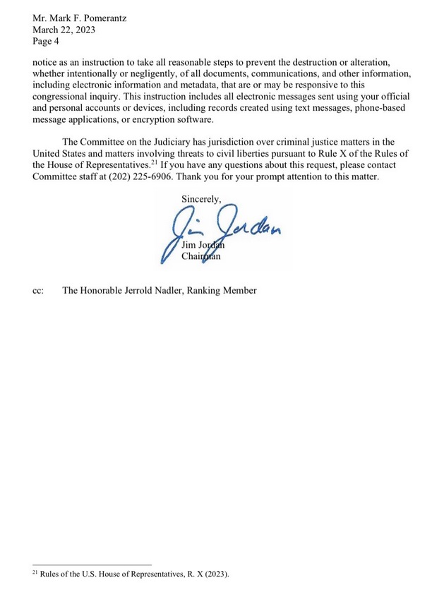 PHOTO Of Jim Jordan's Letter Demanding Testimony Relating To Manhattan ...