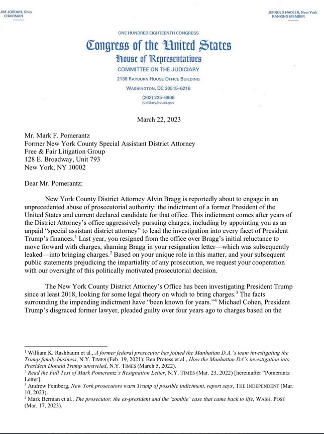 PHOTO Of Jim Jordan's Letter Demanding Testimony Relating To Manhattan ...