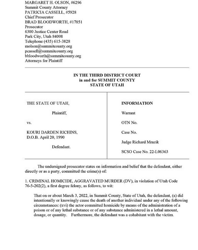 Photo Of Probable Cause Documents Charging Kouri Richins With The Death