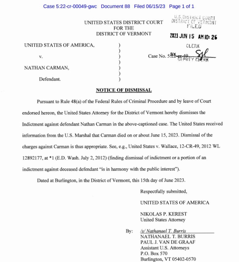 PHOTO Full Notice Of Dismissal Document In Nathan Carman's Case After ...