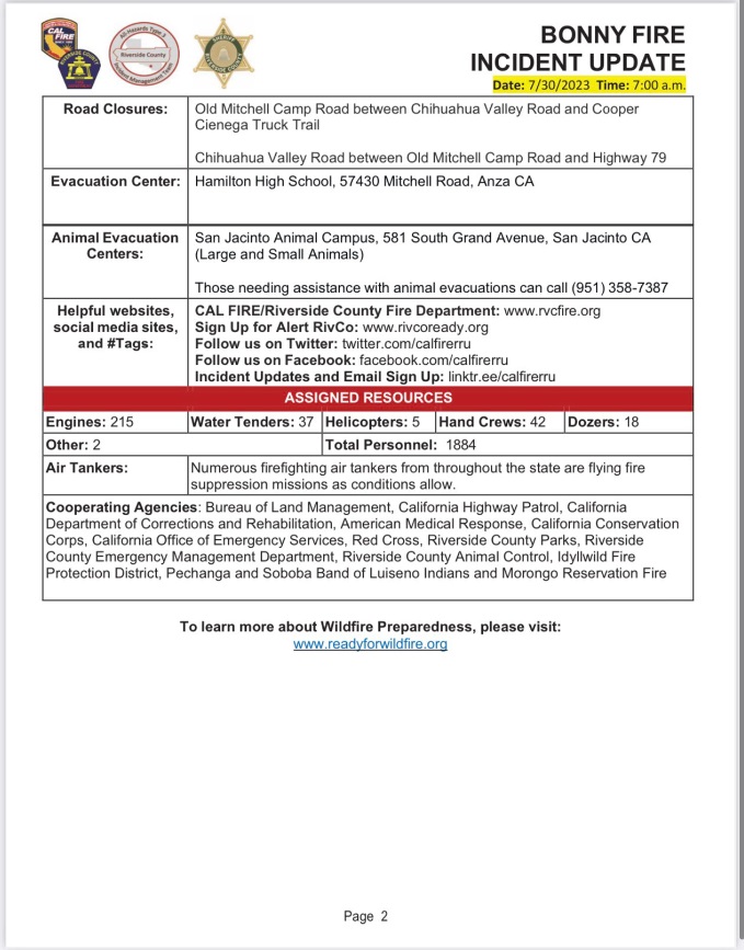 PHOTO Full 2 Page CALFire Update On Bonny Fire