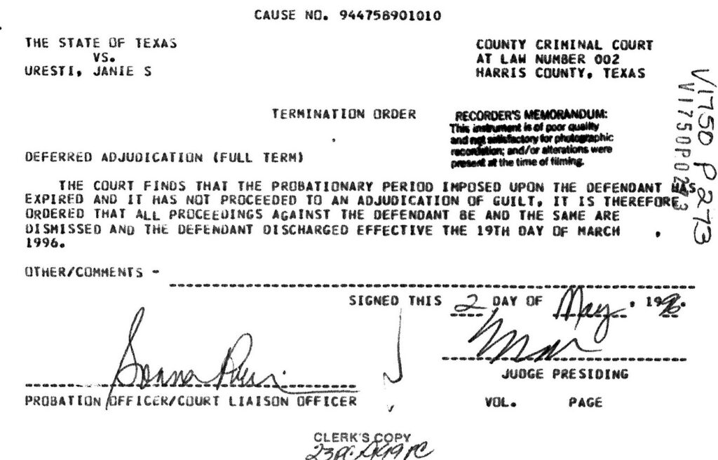 PHOTO Of Court Documents Showing Janie Santana Was Charged With ...