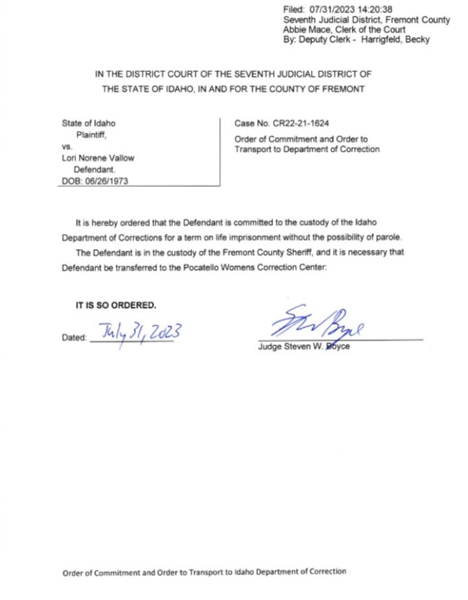 PHOTO Of One Page Order Stating Lori Vallow Is Committed To The Custody ...