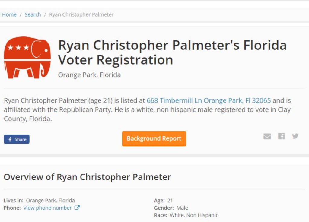 PHOTO Ryan Palmeter Was Registered To Vote In Orange Park Florida As A ...