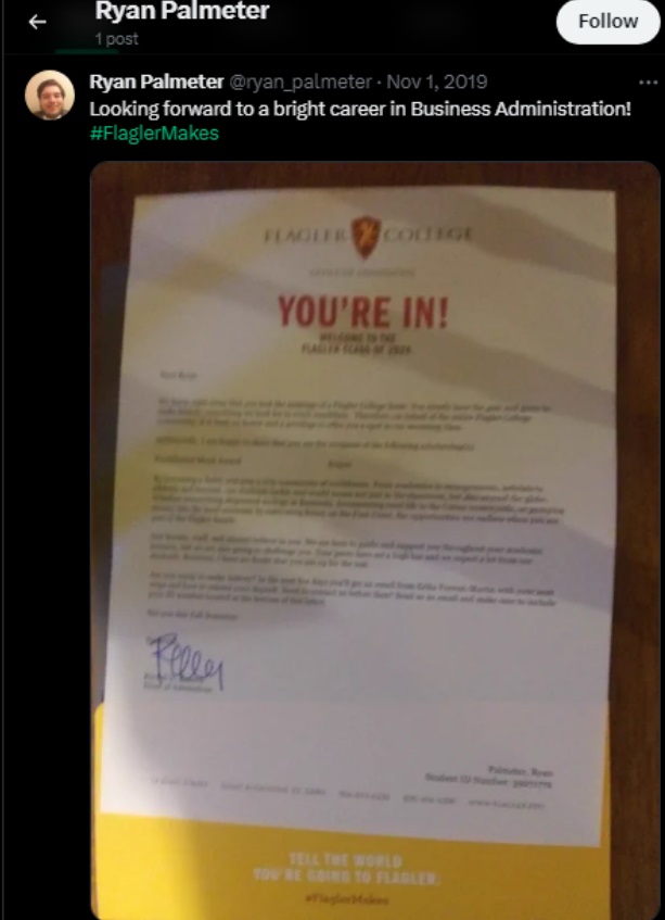 PHOTO Ryan Palmeter's College Acceptance Letter And He Was Studying ...
