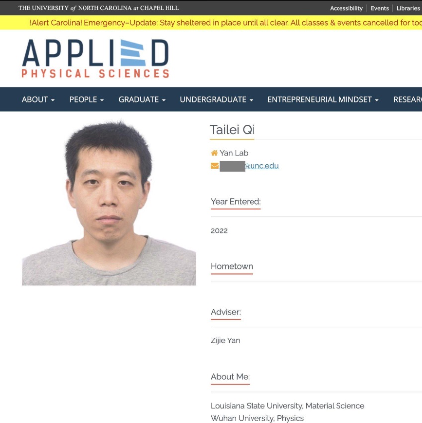 PHOTO Tailei Qi Personal Student Profile On UNC Chapel Hill's Applied Physical Sciences ...