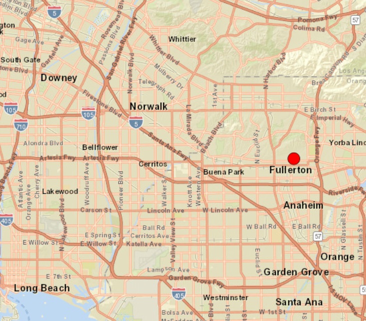 PHOTO Map Of Fullerton CA Showing Where Center Of Earthquake Was On ...