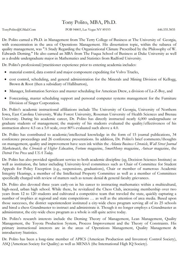 PHOTO Tony Polito's Full Resume Showing His Background As A College ...