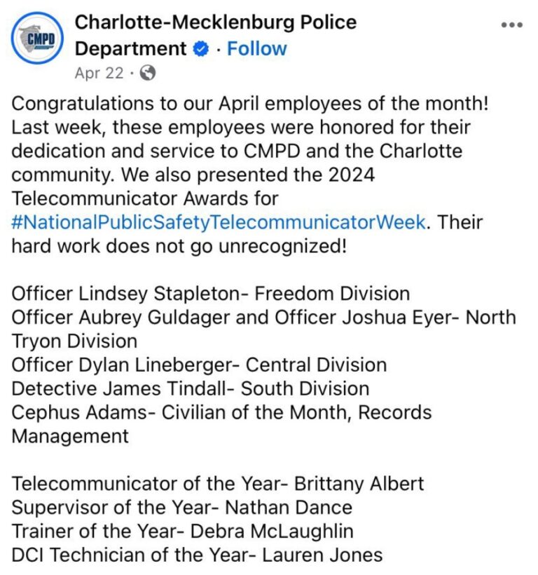 PHOTO Joshua Eyer Was CMPD Employee Of The Month In April