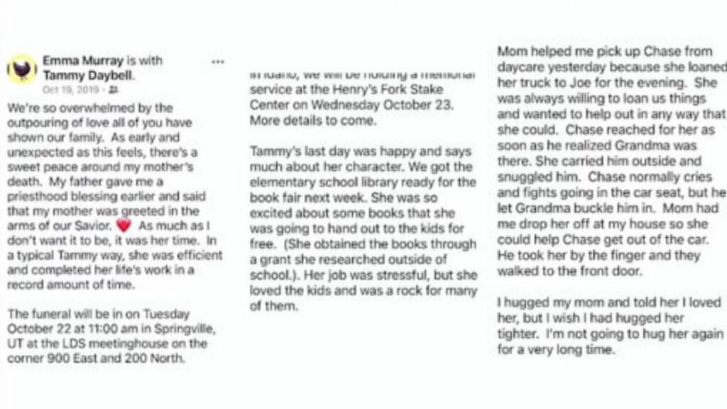 PHOTO Of Emma Murray Daybell’s Facebook Post About Her Mother Tammy ...