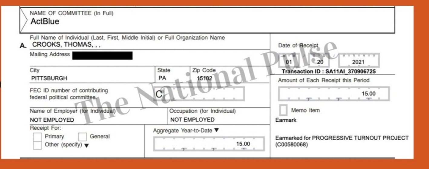 PHOTO ACT Blue Donation Slip For Thomas Matthew Crooks Showing $15 ...