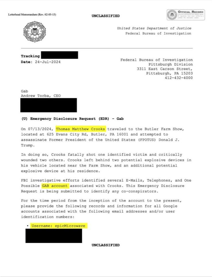 PHOTO FBI Emergency Disclosure Request Names Thomas Matthew Crooks's ...