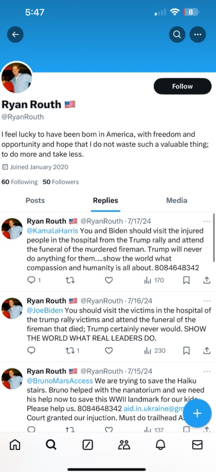 PHOTO Ryan Wesley Routh Replying To Joe Biden And Kamala Harris' Tweets
