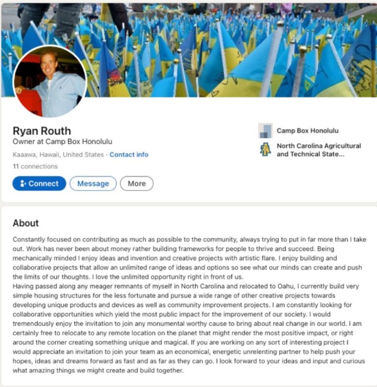 PHOTO Ryan Wesley Routh's Linkedin Says He Lived In Hawaii