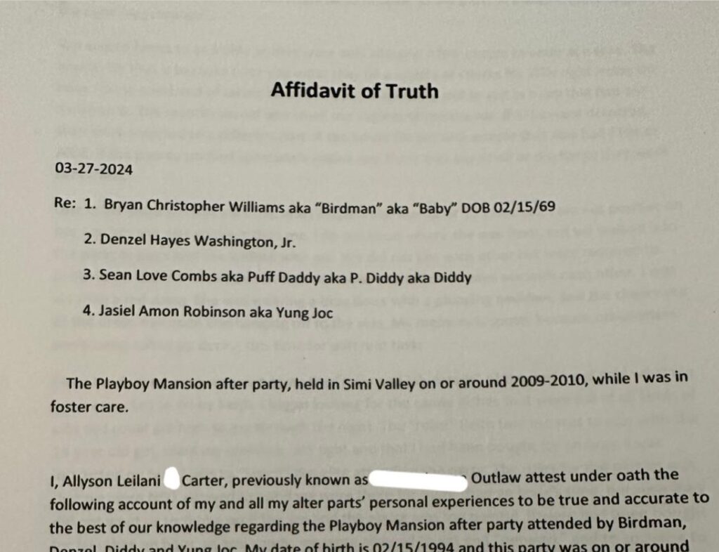 PHOTO Affidavit of Truth Document Lists P Diddy's Freak Off Partner