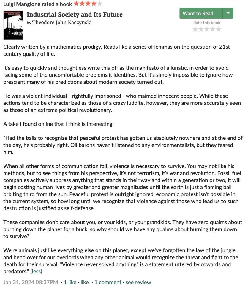 PHOTO Luigi Mangione Wrote Book Review On Book He Read And Gave It 4 Stars