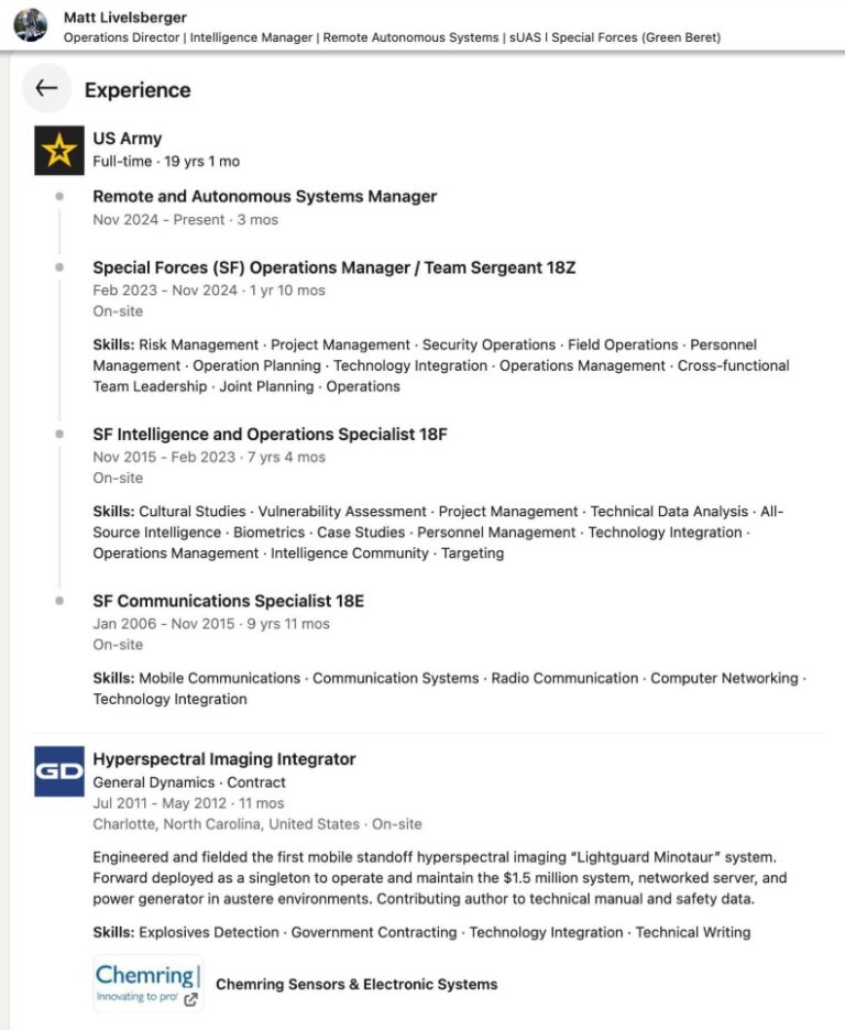 PHOTO Matt Livelsberger's Full US Army Work Experience