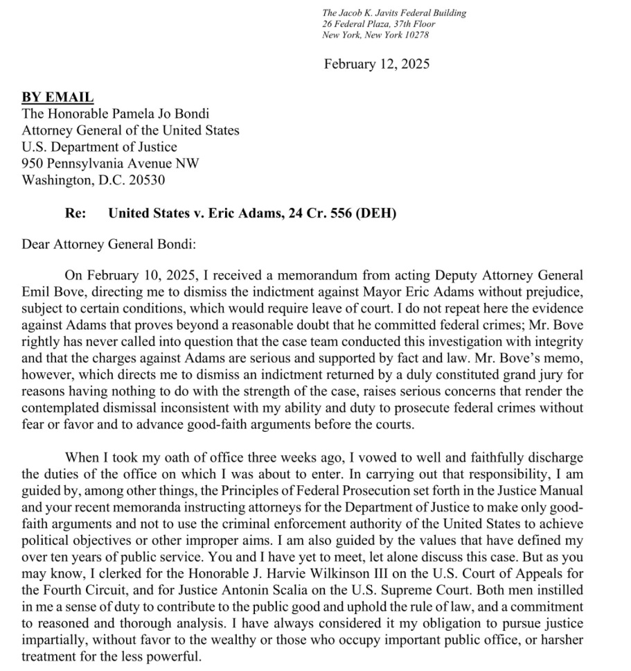 PHOTO Deputy AG Emil Bove's Bold Letter In Response To Danielle Sassoon's Resignation