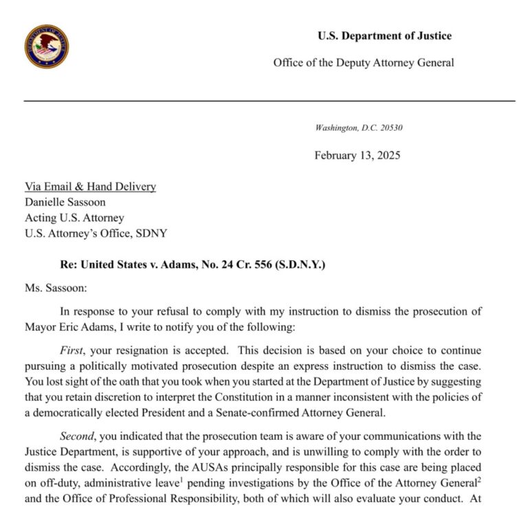 PHOTO Deputy AG Emil Bove's Bold Letter In Response To Danielle Sassoon's Resignation