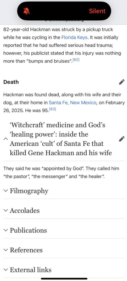PHOTO Someone Edited Gene Hackman's Wikipedia And Said A Cult Killed Him