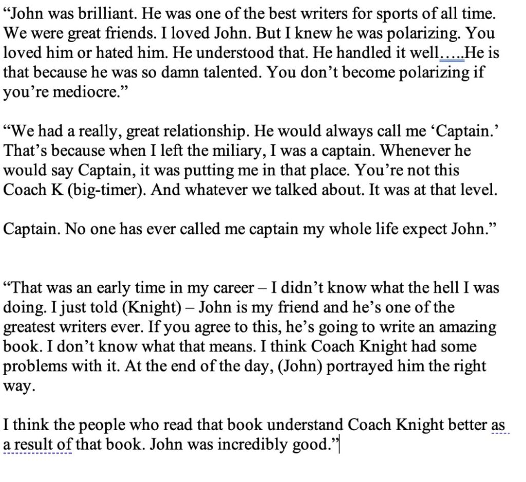 PHOTO Mike Krzyzewski Tribute To John Feinstein