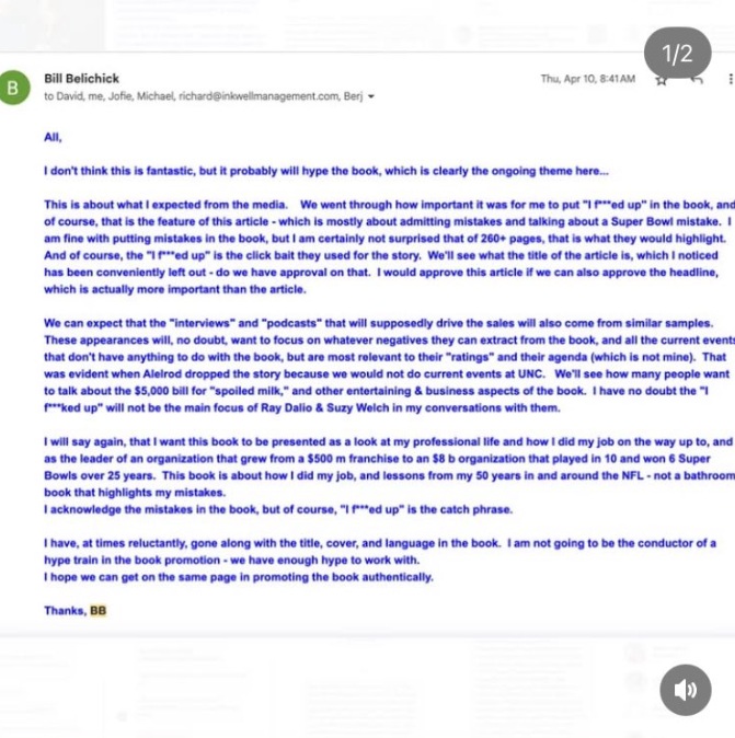 PHOTO Jordan Hudson Posting Email From Bill Belichick About His New Book