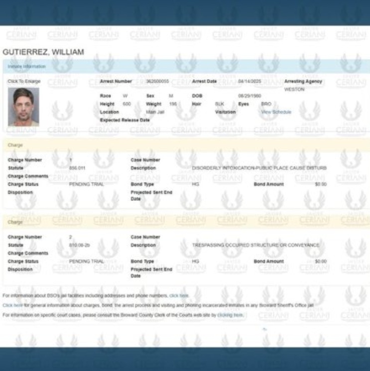 PHOTO Of William Levy's Inmate Information Sheet