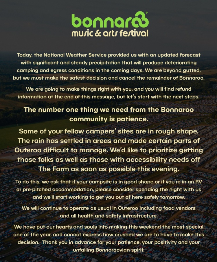 PHOTO Bonnaroo 2025 Full Statement Saying Remainder Of Festival Is ...