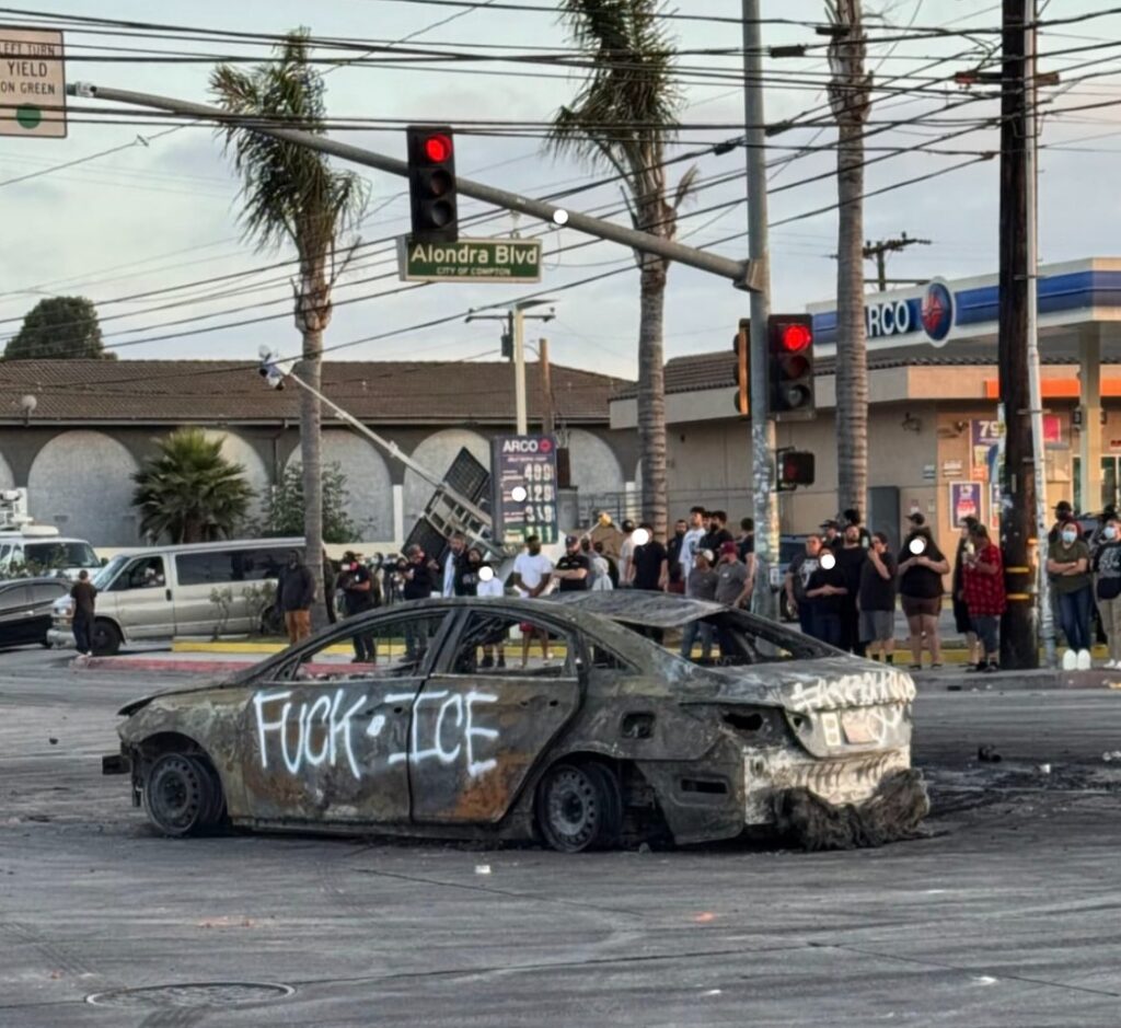 PHOTO Burned Up Car In Los Angeles With F*ck Ice Graffitied On Its Side