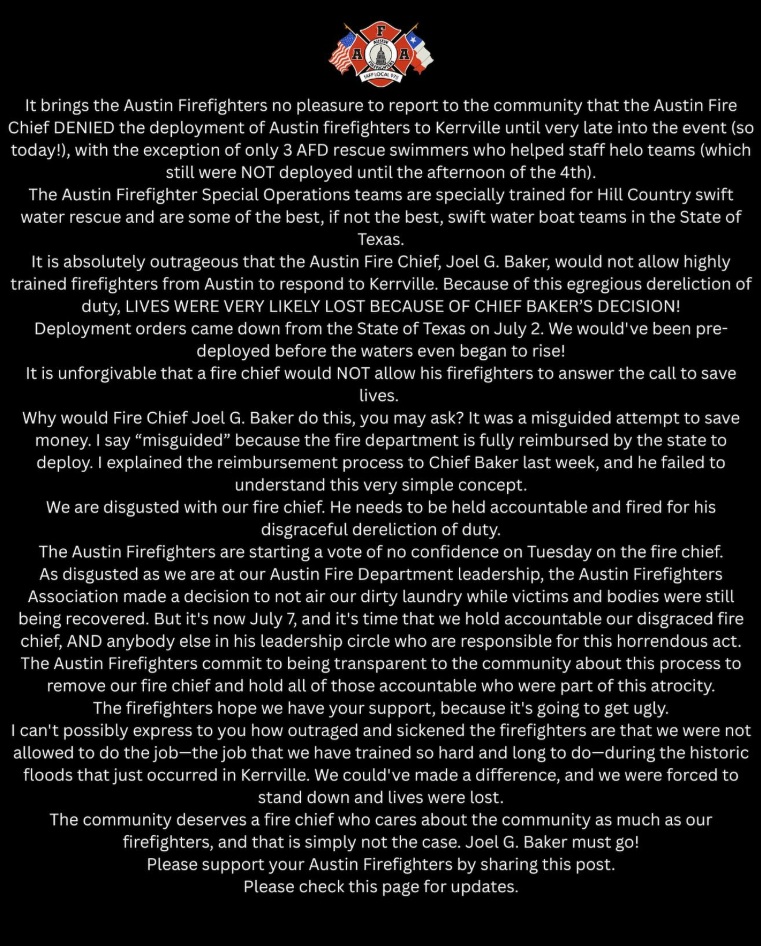 PHOTO Austin Firefighters Association Statement On Fire Chief Joel ...