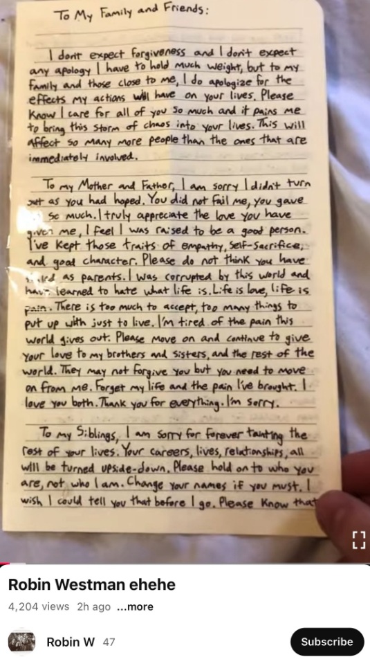 PHOTO Close Up Of Robin Westman's Suicide Note Addressed To Family And ...