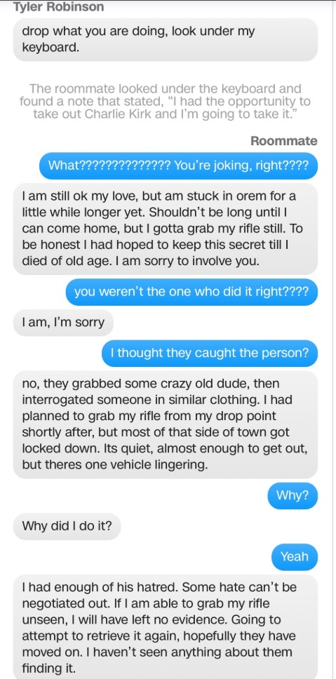 PHOTO Four Pages Of Texts From Charlie Kirk Shooter Tyler Robinson