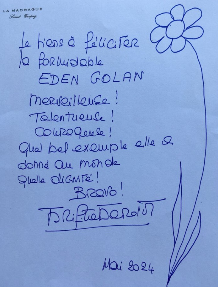 PHOTO Brigitte Bardot's Hand Written Tribute To Eden Golan